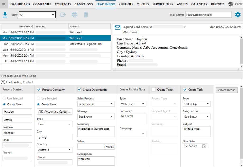 Lead Inbox – Legrand CRM